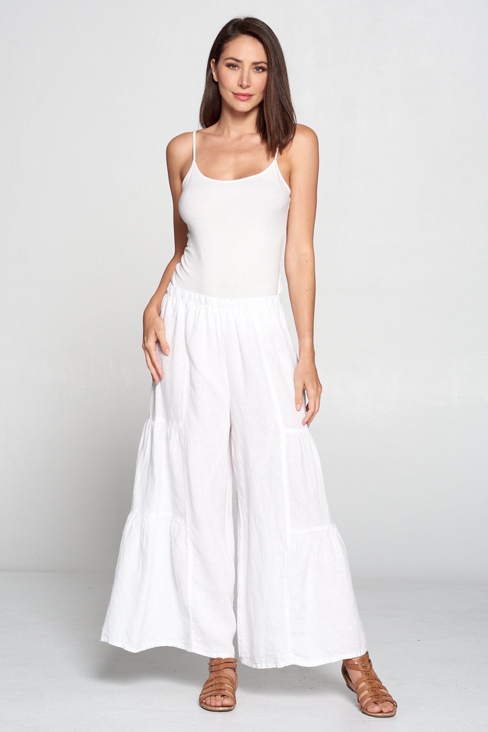 Pure Match, 100% Linen 3 Tier Pants Wide Leg Full Length Breezy Natural ...
