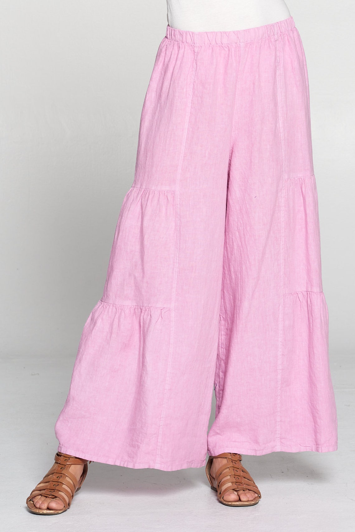 Pure Match, 100% Linen 3 Tier Pants Wide Leg Full Length Breezy Natural ...