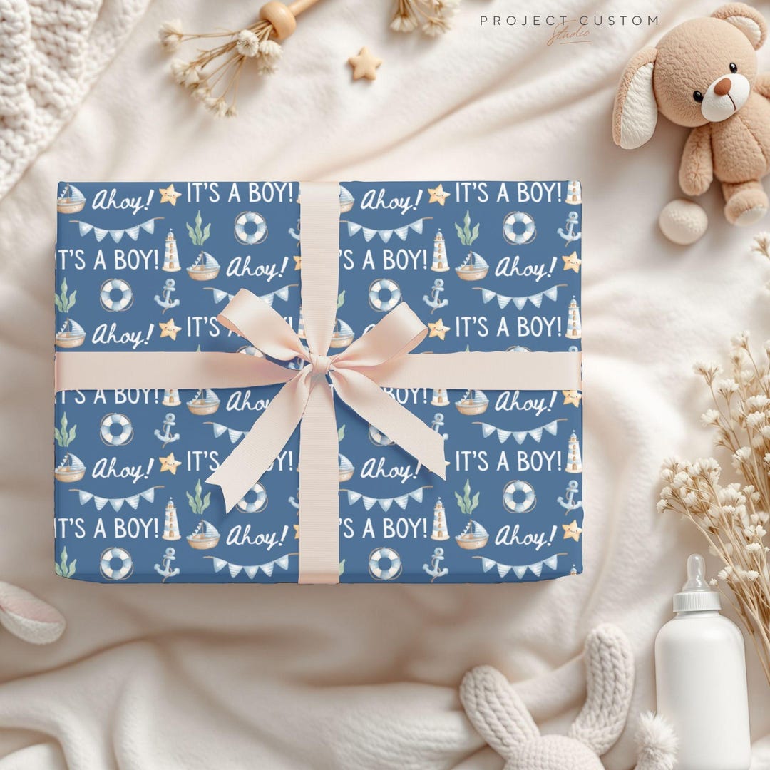 Nautical Baby Shower Gift Wrap for Baby Boy, Little Sailor Baby Boy ...