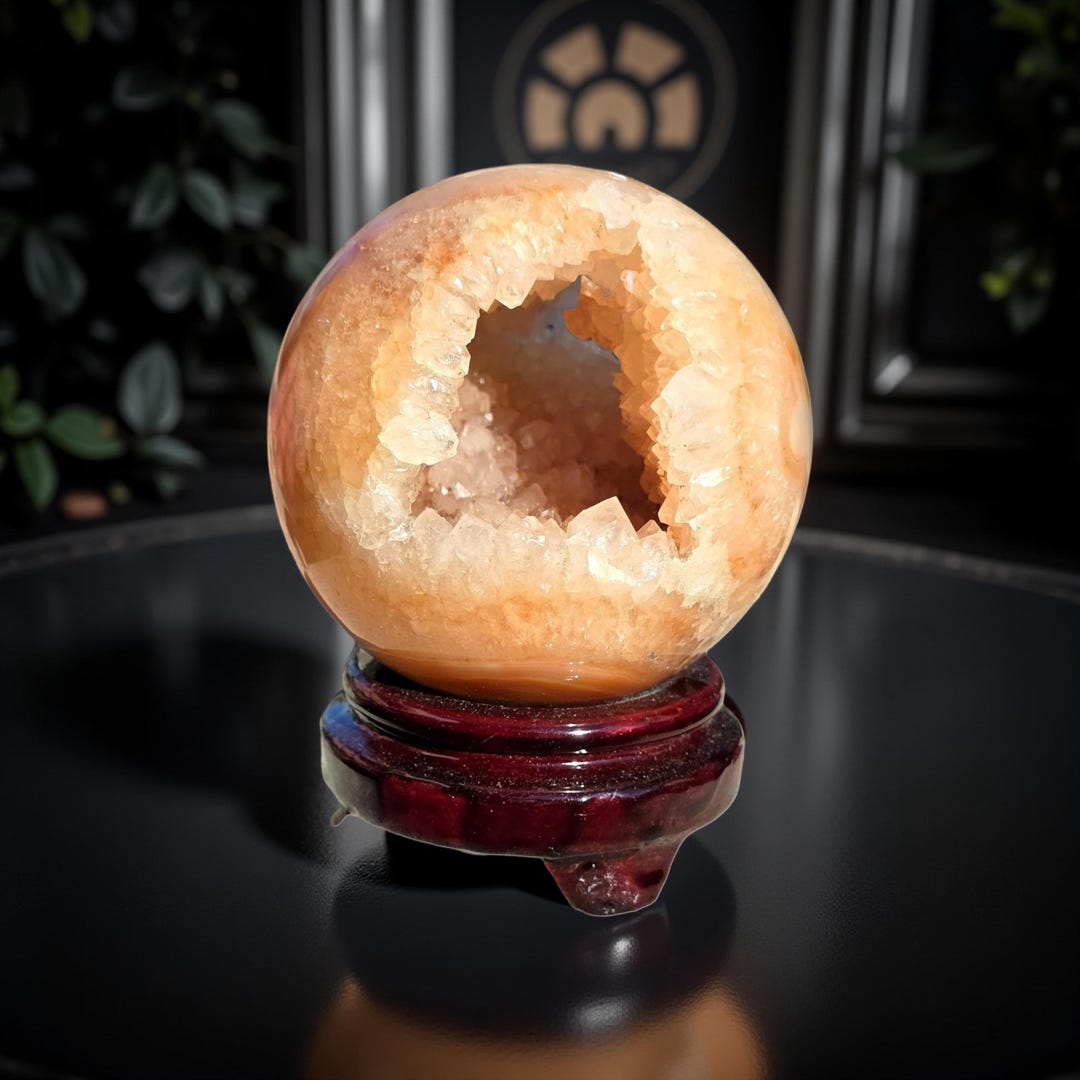 Carnelian Agate Geode Sphere With Wood Stand - Etsy