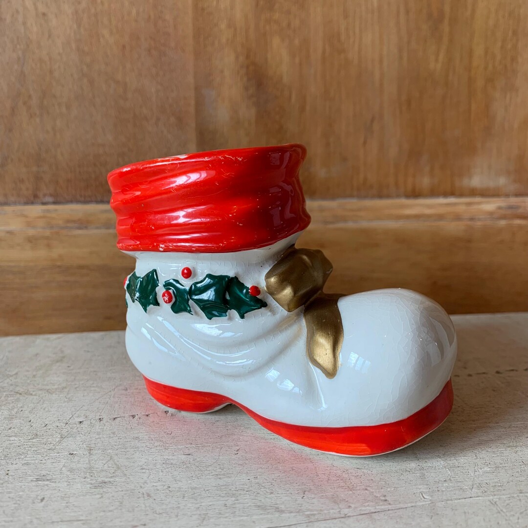 Vintage Ceramic Santa Claus Boot Candy Holly Brinns Christmas Retro MCM ...
