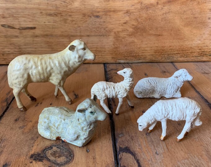 Set of 5 Vintage Sheep Nativity Set Diorama Composite Paper Figurines ...