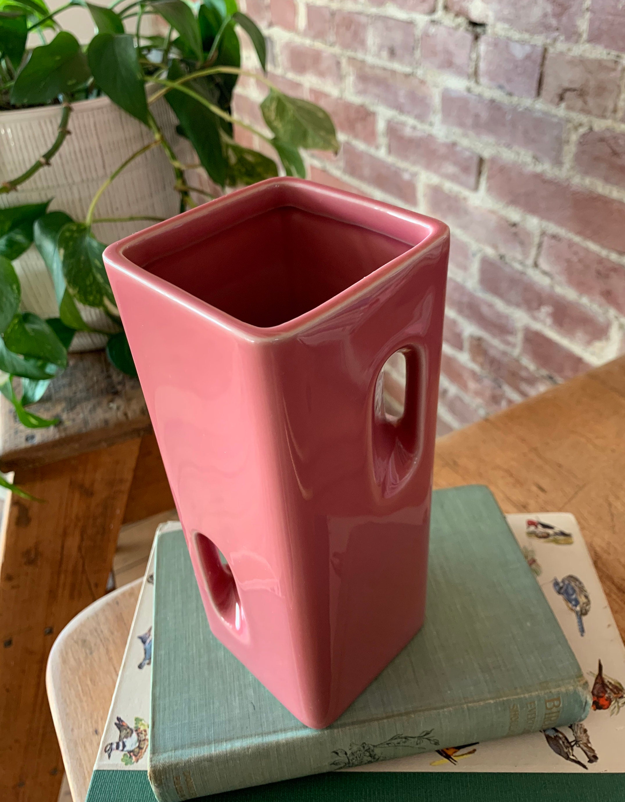 Vintage MCM Pink Rectangular Ceramic Vase With 2 Insets Handles Made in ...