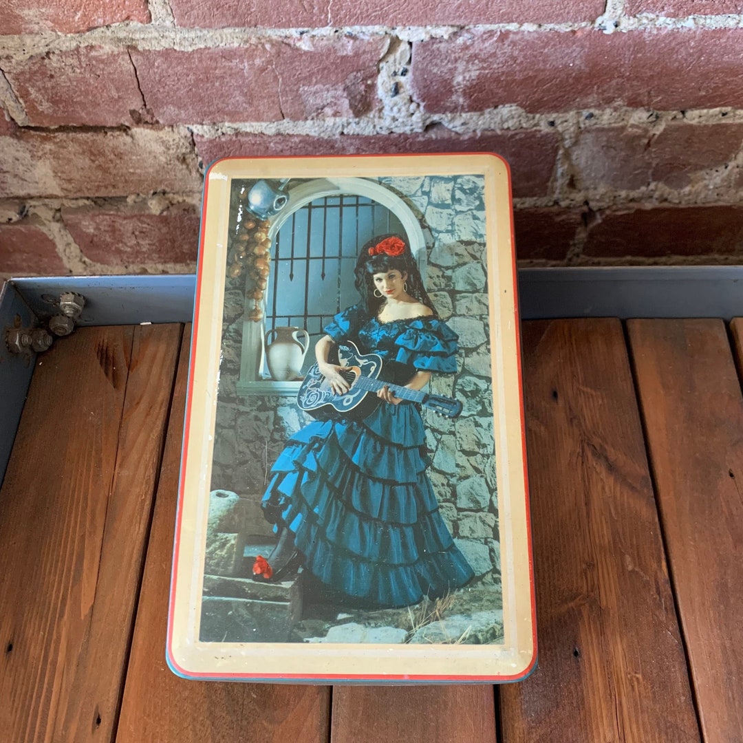 Vintage Biscuit Tin Edward Sharp Made in England Lady Senorita Guitar ...