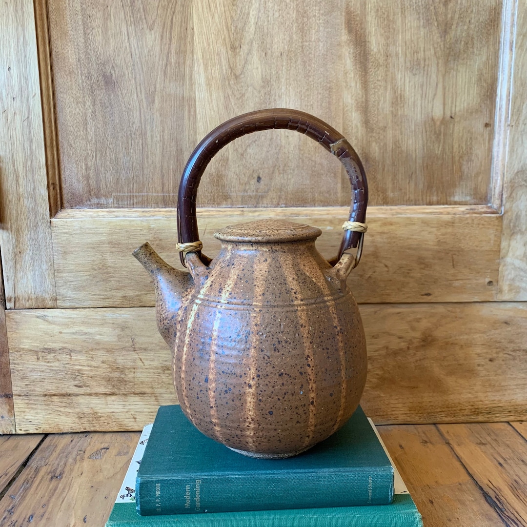 Vintage Studio Pottery Signed Teapot Ceramic Large Brown Bamboo Handle ...