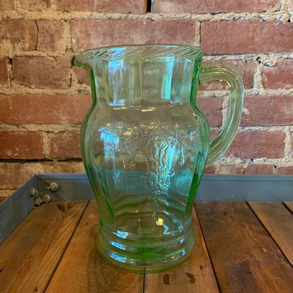 Vintage Green Glass Pitcher - Etsy