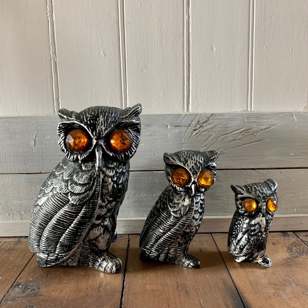 Vintage Set of 3 MCM Ceramic OWLS Large Orange Jewel Eyes Silver Black ...
