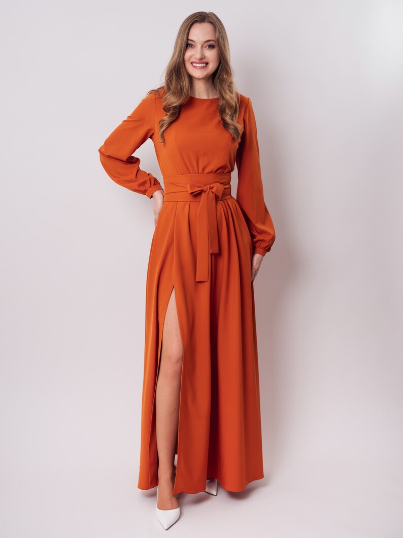 Rust Orange Long Slit Dress With Belt Bridesmaid Dress - Etsy