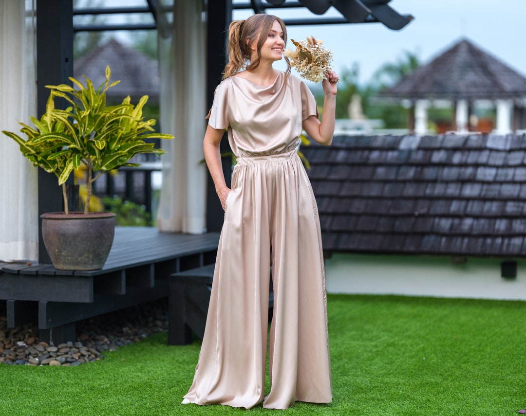 Champagne Beige Silk Jumpsuit, Silk Jumpsuit, Bridesmaid Jumpsuit ...
