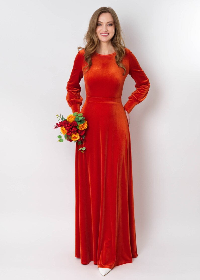 Rust Orange Velvet Maxi Dress: Elegant Long Sleeve Gown, Fall Wedding ...