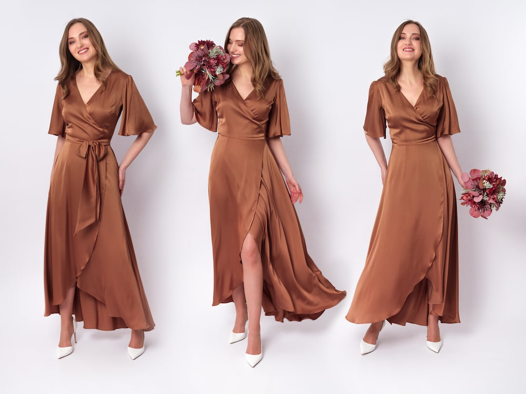 Copper Gold Silk Dress, Silk Dress, Wrap Dress, Bridesmaid Dress ...