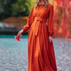 Rust Orange Maxi Slit Dress With Long Sleeves and Belt: Autumn Wedding ...