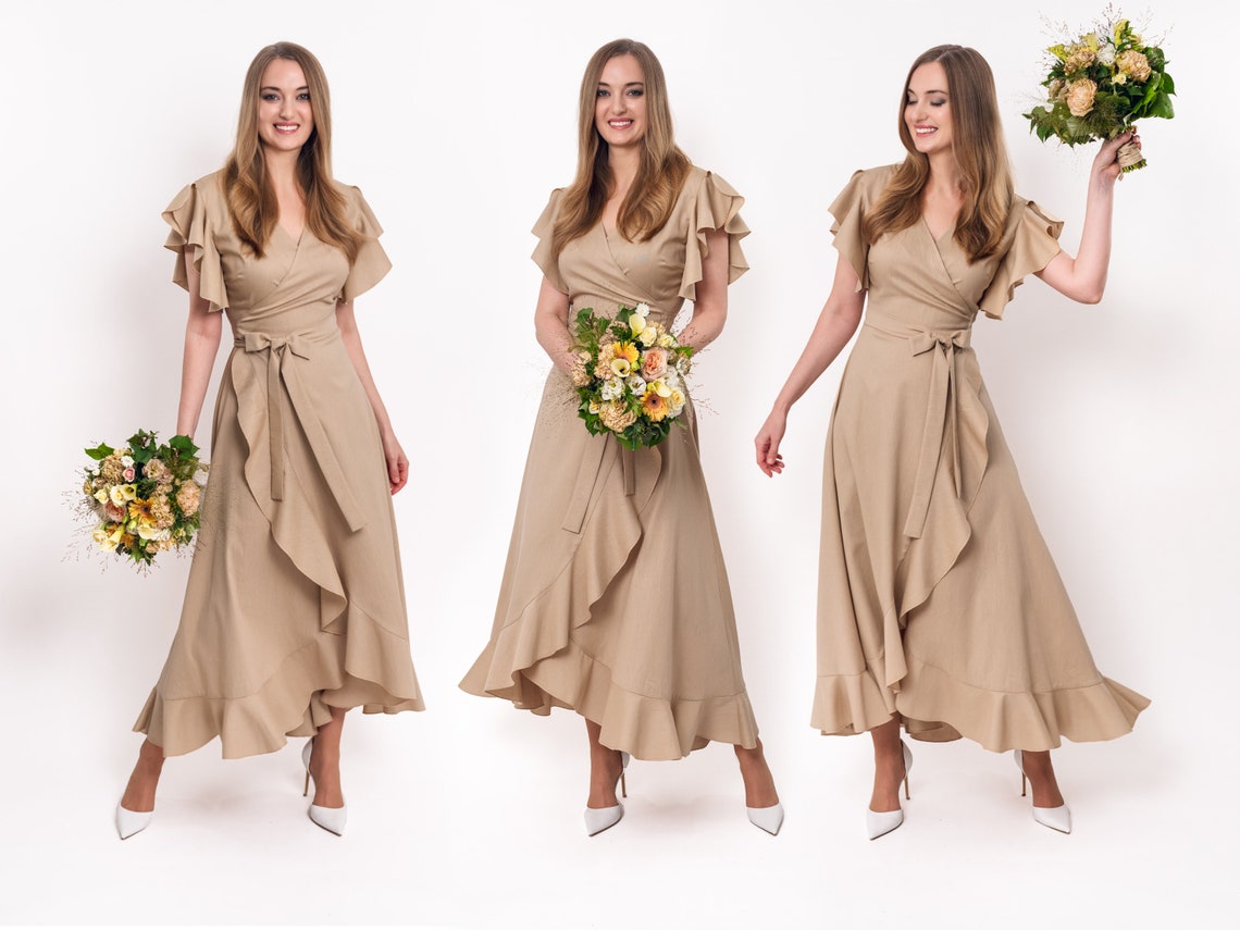 Linen Long Beige Sleeveless Wrap Dressbridesmaid - Etsy