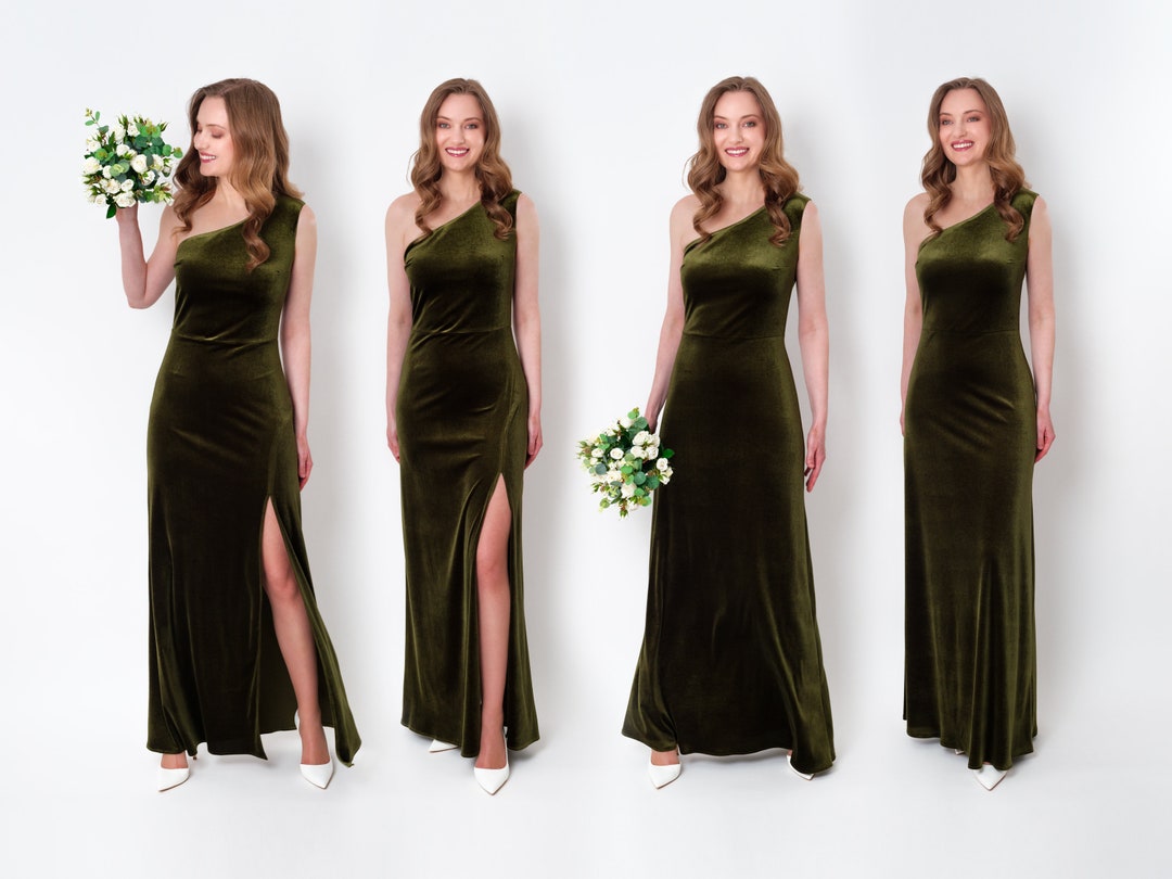 Velvet Dress in Olive Green: One-shoulder With Optional Slit ...