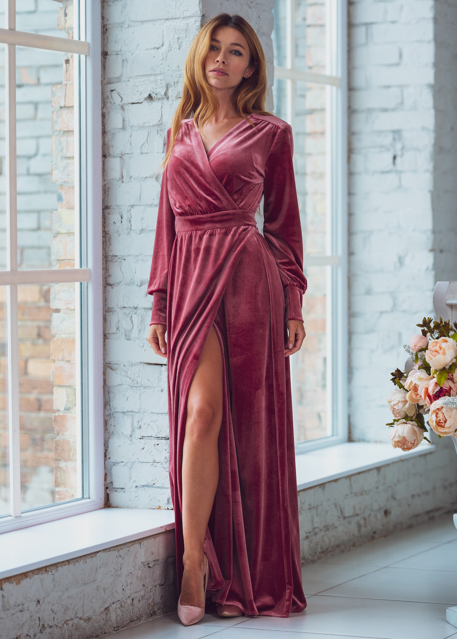 Dusty Rose Velvet Long Wrap Dress Bridesmaid Velvet Dress - Etsy