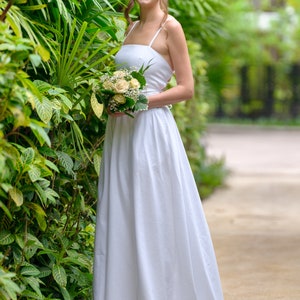 White Slit Linen Dress With Open Back, Simple Wedding Dress, Summer ...