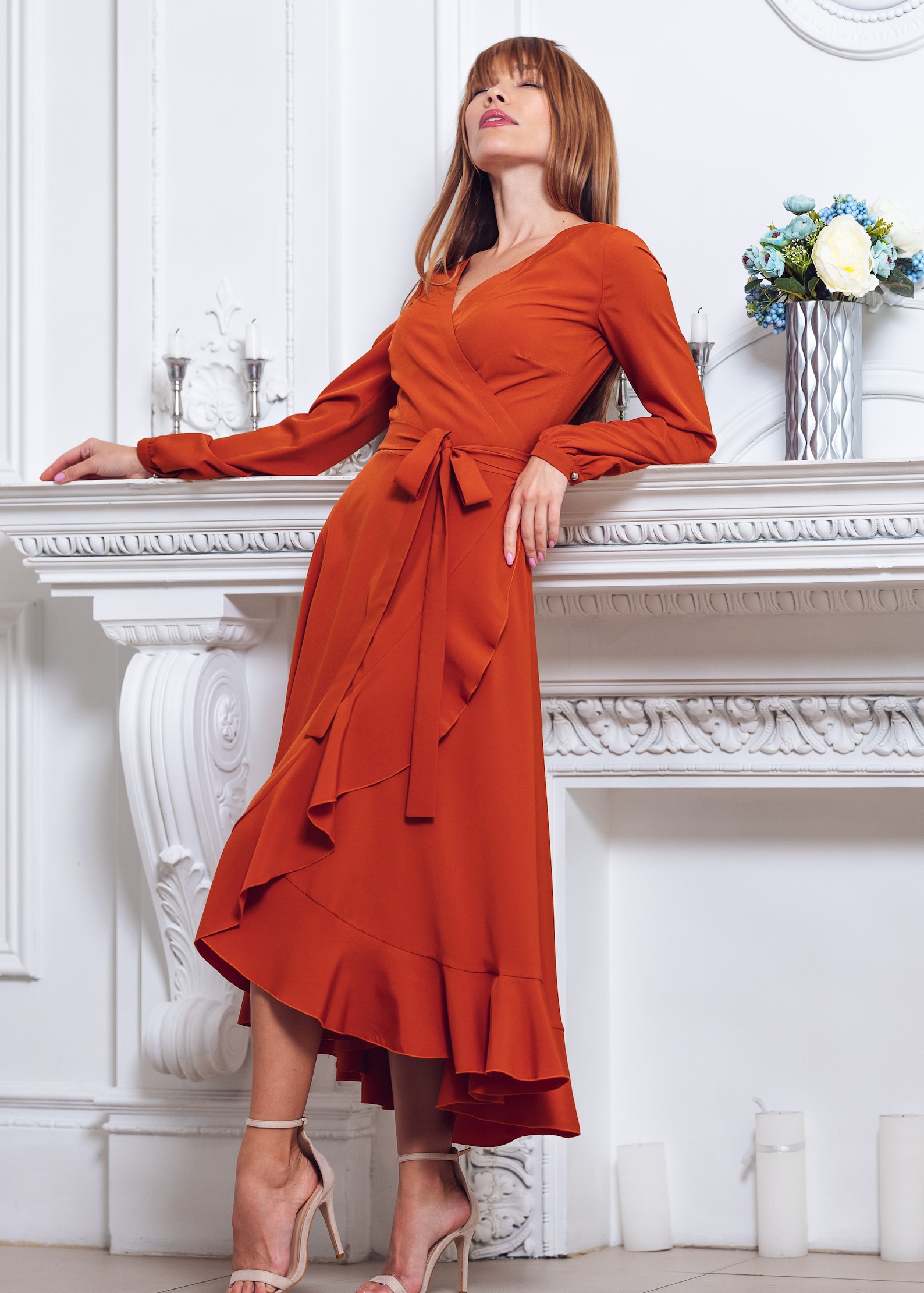 Rust Orange Long Wrap Dress, Bridesmaid Dress, Cocktail Dress, Wedding ...