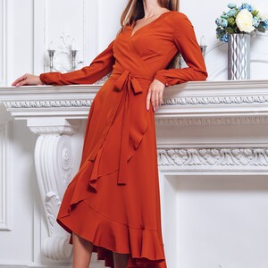 Rust Orange Long Wrap Dress, Bridesmaid Dress, Cocktail Dress, Wedding ...