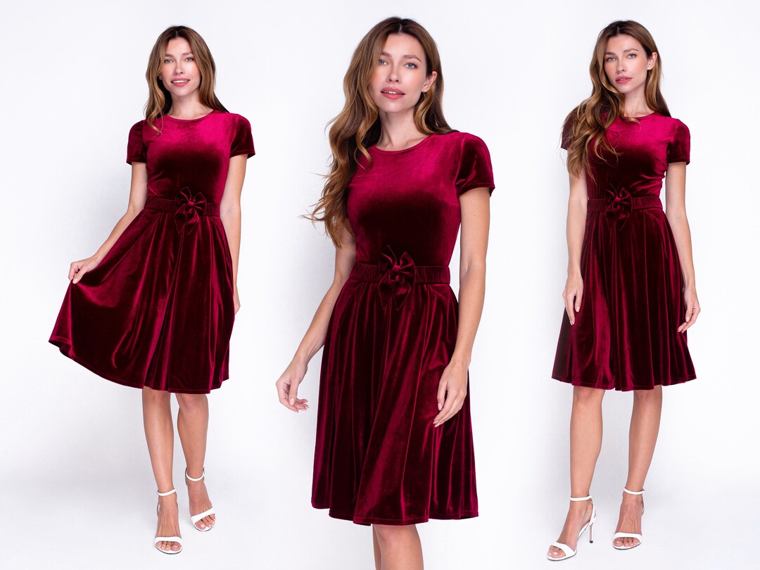 Burgundy Velvet Dress With Belt, Christmas Velvet Dress, Evening Dress ...