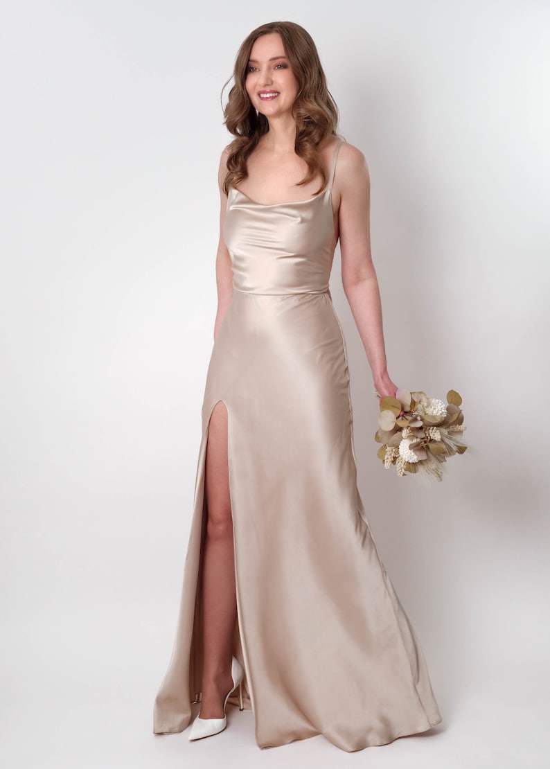 Champagne Beige Silk Slit Dress Bridesmaid Dress Silk Satin - Etsy