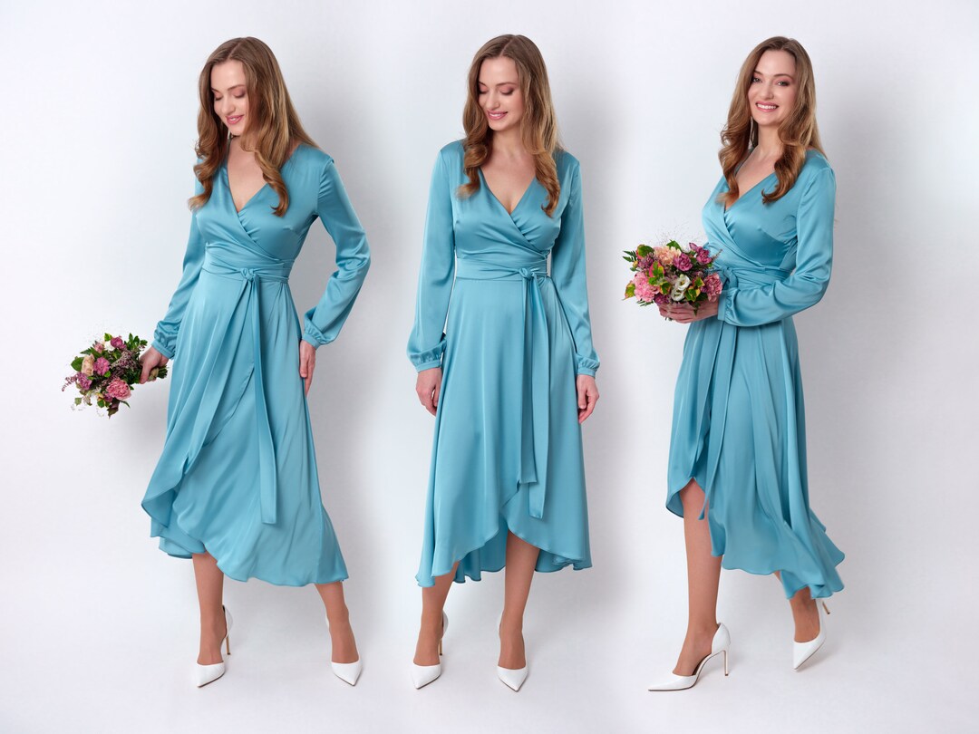 Dusty Blue Silk Dress, Silk Dress, Wrap Dress, Bridesmaid Dress ...