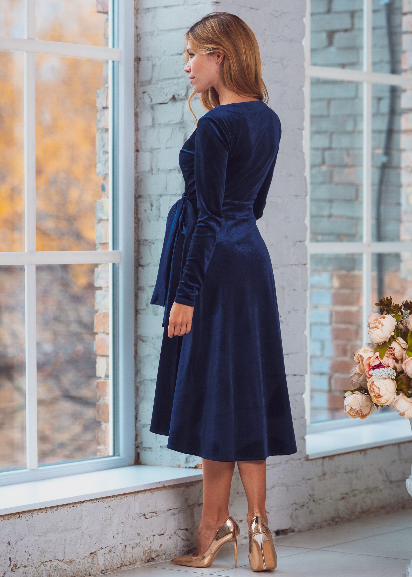 Navy Blue Velvet Wrap Dress Evening Dress Bridesmaid Velvet | Etsy