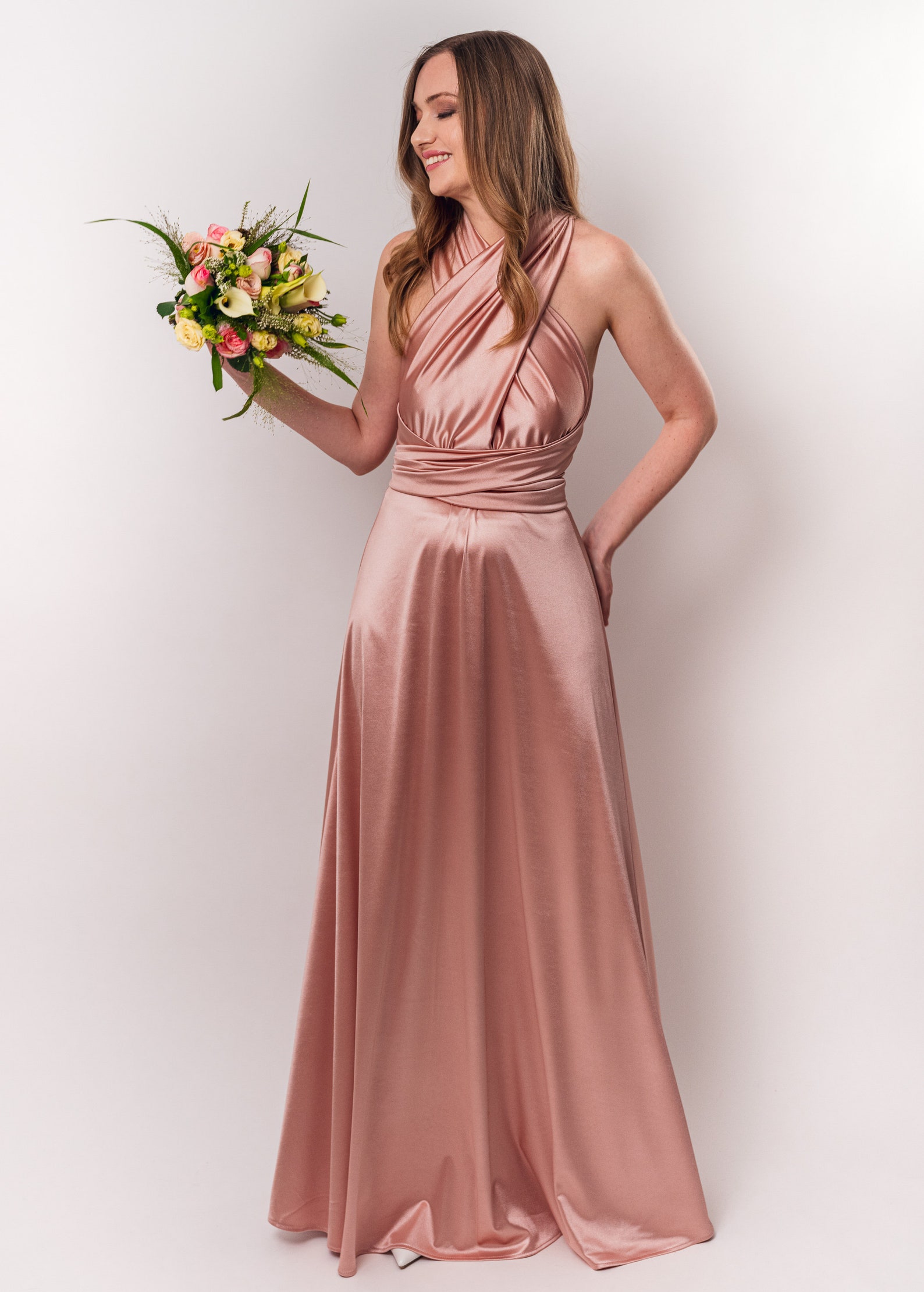 Blush Pink Luxury Satin Infinity Dress, Bridesmaid Dresses, Bridesmaid ...