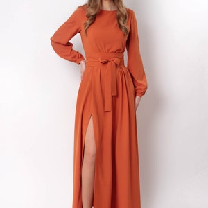 Rust Orange Long Slit Dress With Belt, Bridesmaid Dress, Cocktail Dress ...