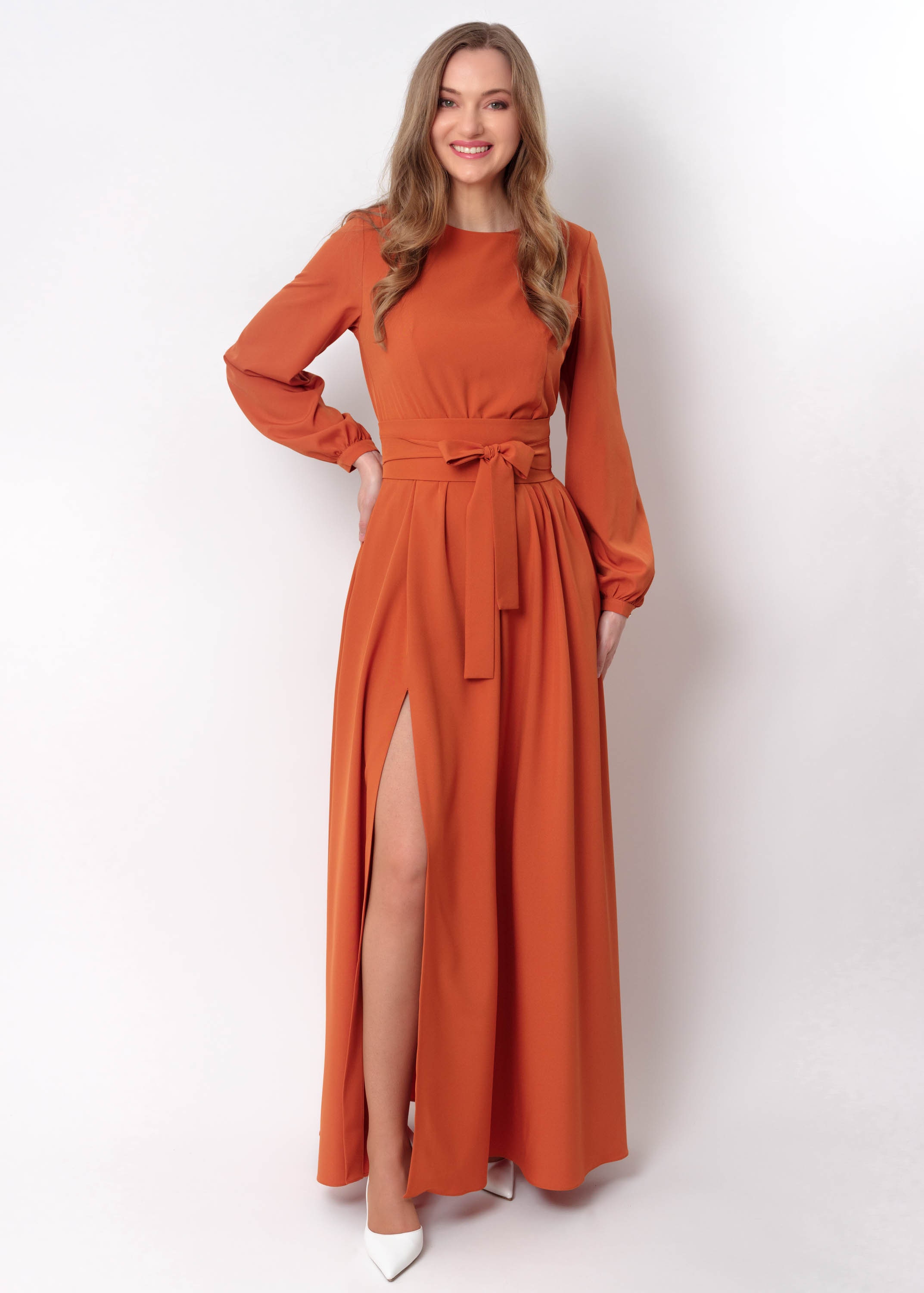 Rust Orange Long Slit Dress With Belt, Bridesmaid Dress, Cocktail Dress ...