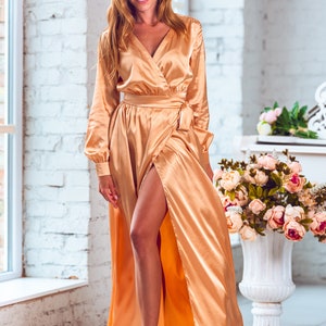Gold Silk Satin Long Wrap Around Vintage Robe, Bridesmaid Silk Robe ...