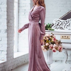 Mauve Velvet Long Wrap Dress, Bridesmaid Velvet Dress, Wedding Dress ...