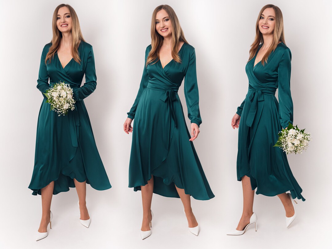 Dark Green Silk Dress Silk Dress Wrap Dress Bridesmaid - Etsy