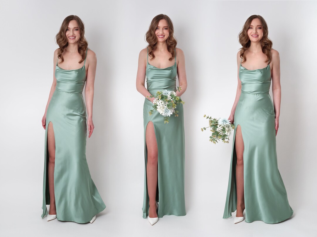 Sage Green Silk Slit Dress, Bridesmaid Dress, Silk Satin Dress, Wedding ...