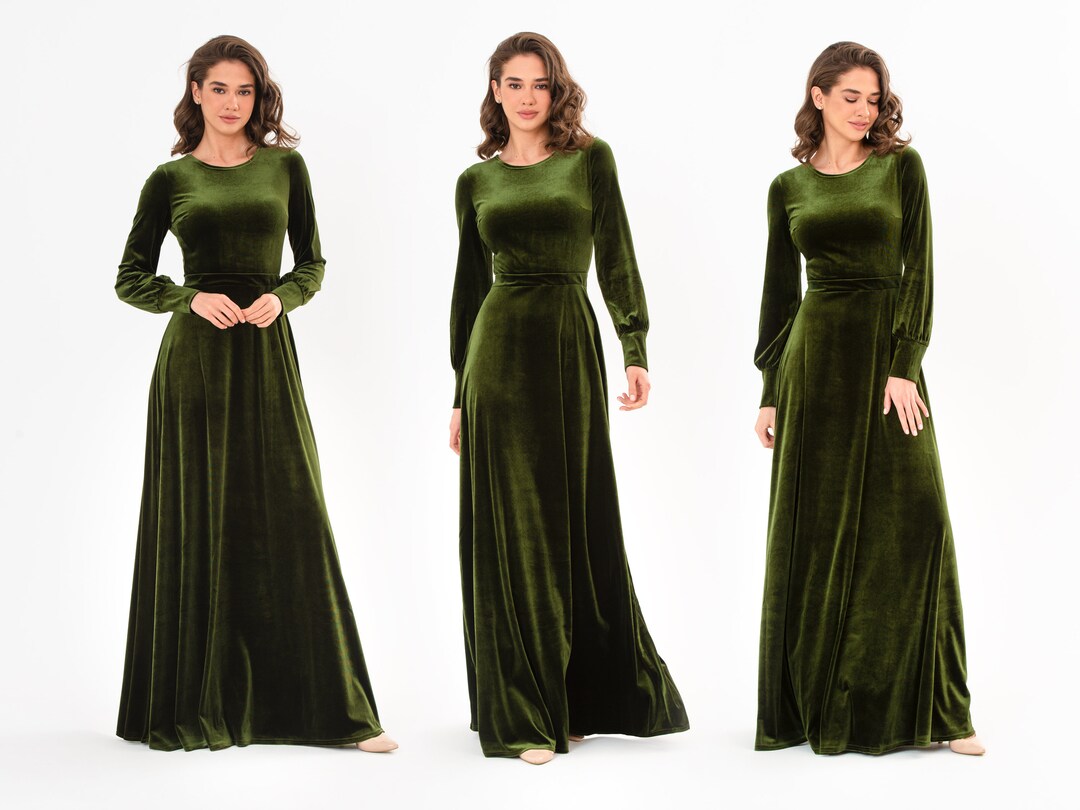 Olive Green Emerald Green Velvet Maxi Dress: Elegant Long Sleeve Gown ...
