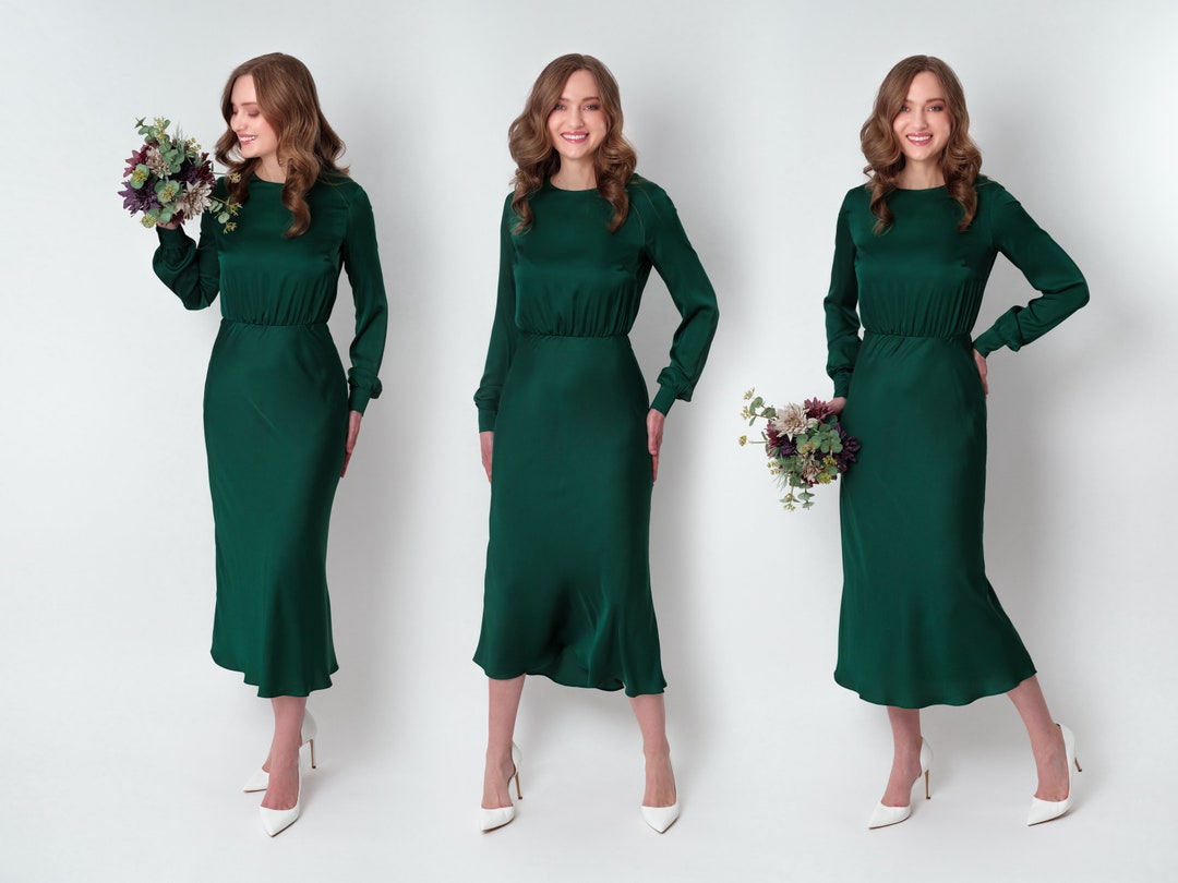 Dark Green Silk Mid-calf Dress, Bridesmaid Dress, Wedding Guest Dress ...