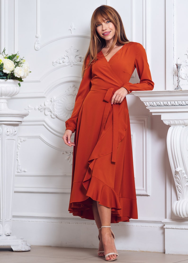 Rust Orange Long Wrap Dress, Bridesmaid Dress, Cocktail Dress, Wedding ...