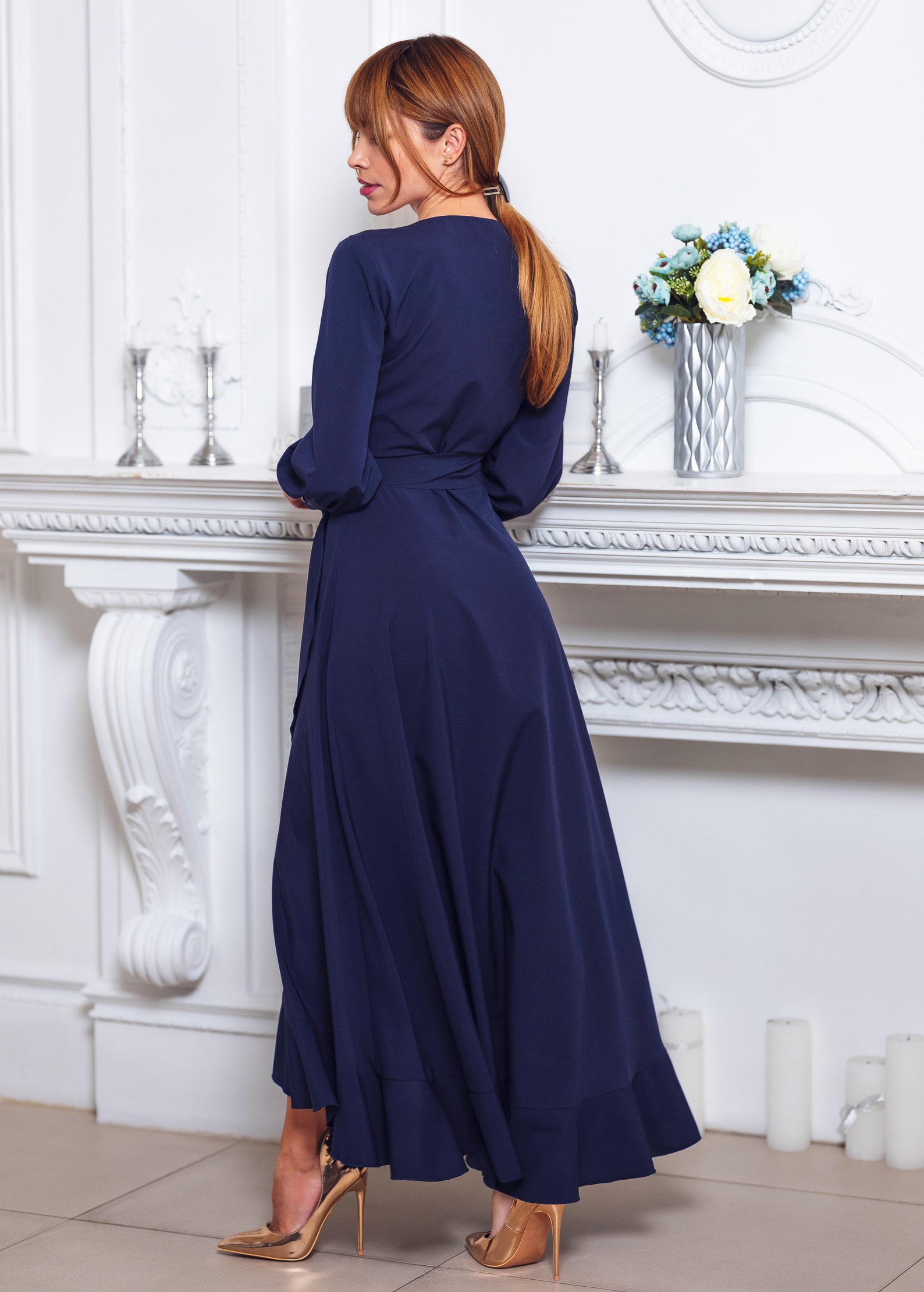 Navy Blue Long Wrap Dress, Bridesmaid Dress, Cocktail Dress, Wedding ...