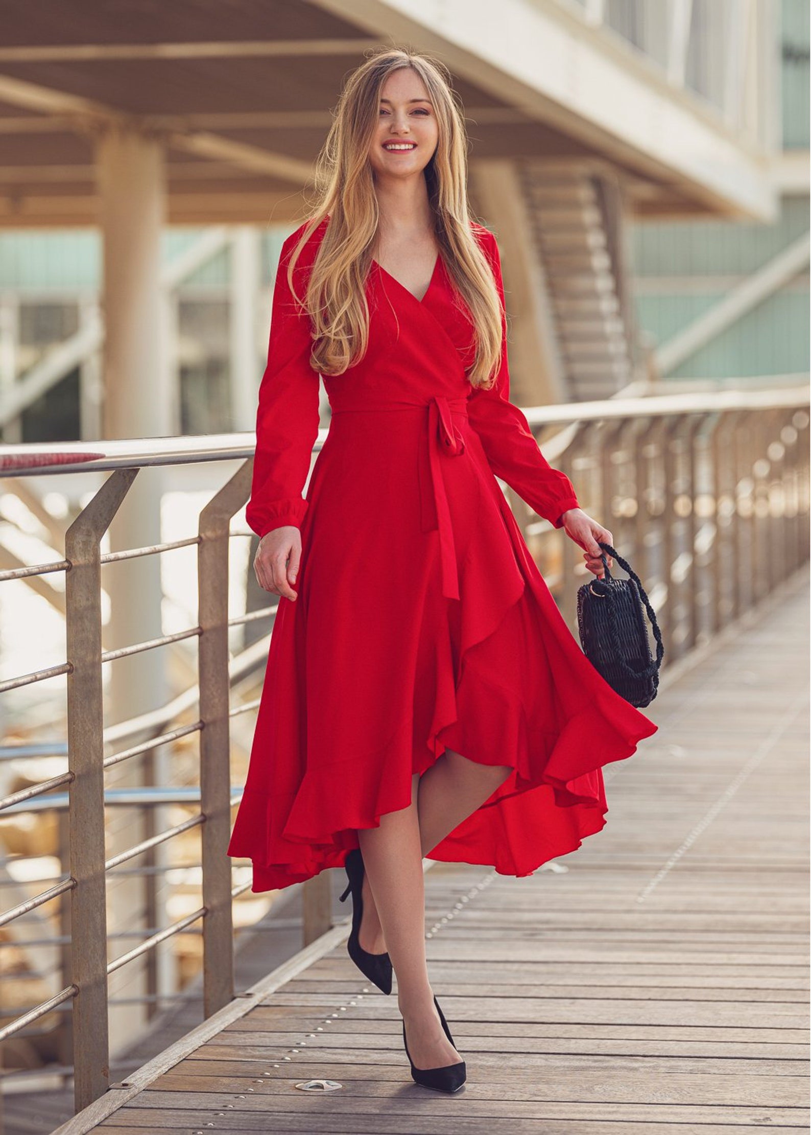 Red Wrap Around Dress, Bridesmaid Dress, Romantic Dress, Mid-calf Dress ...