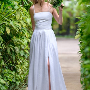 White Slit Linen Dress With Open Back, Simple Wedding Dress, Summer ...