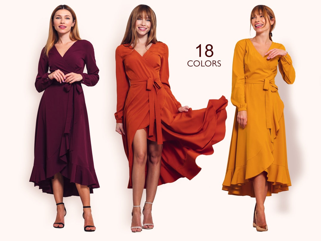 Rust Orange Dress, Burn Orange Wrap Dress, Terracotta, Burgundy, Sage ...