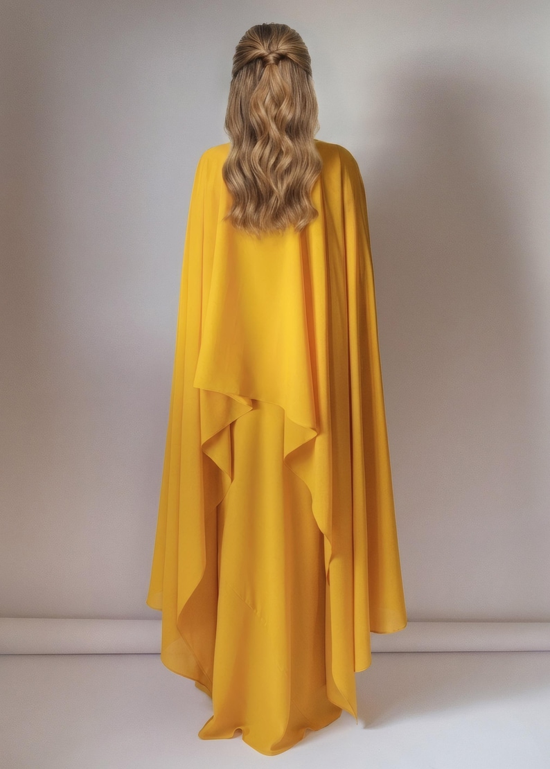 Gold Chiffon Long Dress With Detachable Cape: Bridesmaids, Wedding ...