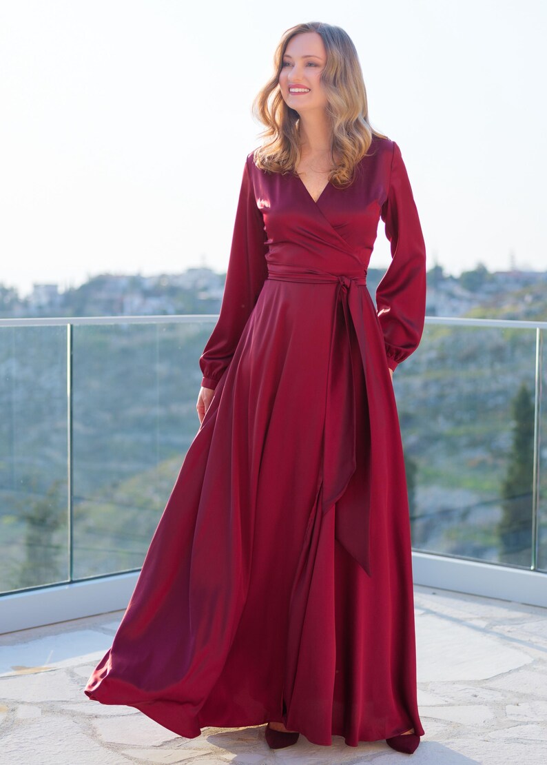 Burgundy Silk Wrap Dress Maxi Satin Gown Autumn Wedding Guest Burgundy Silk Wrap Dress Maxi Satin Gown Autumn Wedding Guest