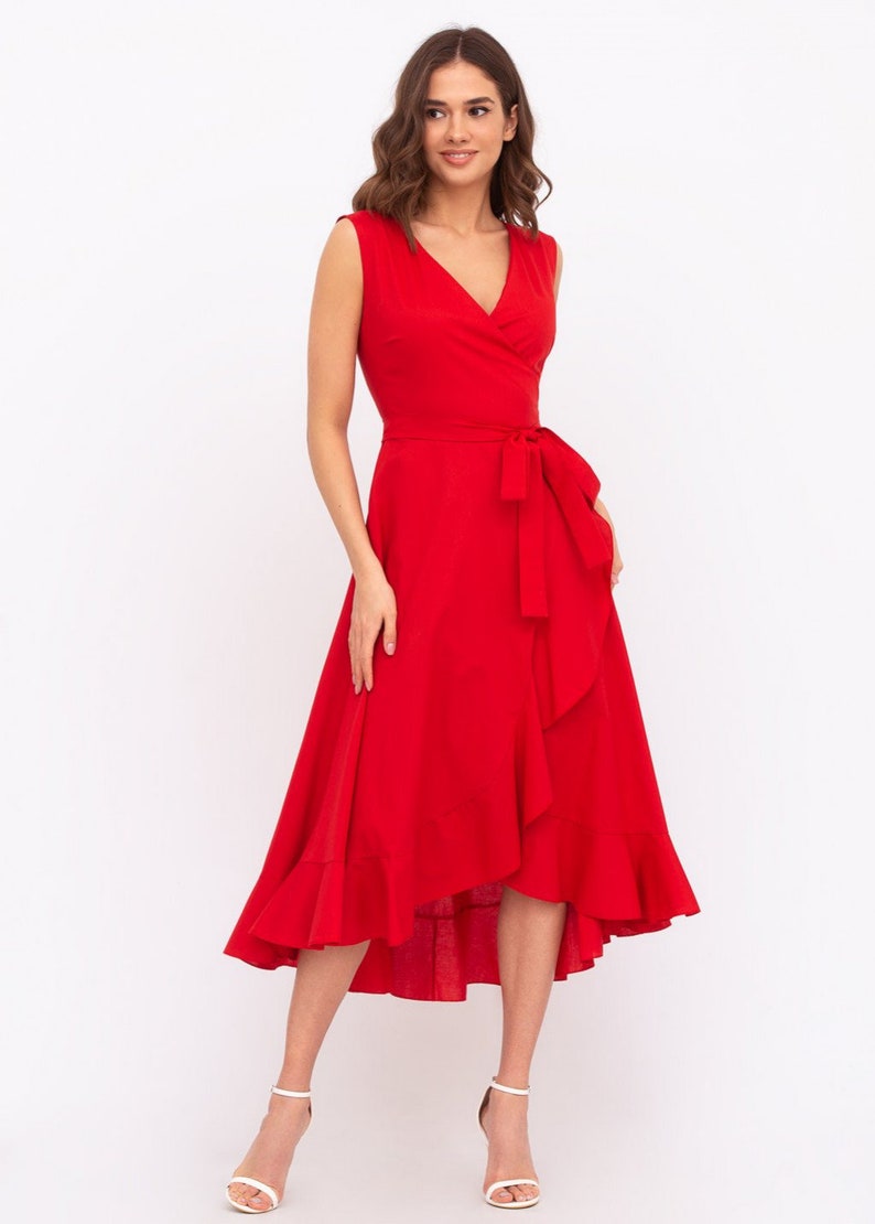 Cotton Red Wrap Around Dress Mid-calf Dress Long Dress - Etsy
