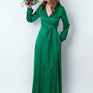 Emerald Green Silk Wrap Dress, Bridesmaid Dress, Wedding Guest Dress, Silk Dress, Wrap Dress ...