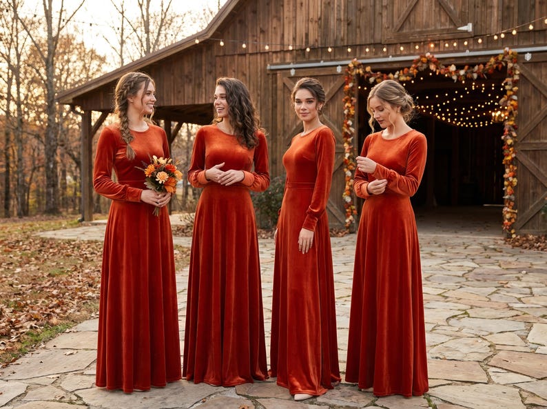 Rust Orange Velvet Maxi Dress: Elegant Long Sleeve Gown, Fall Wedding ...