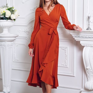 Rust Orange Long Wrap Dress, Bridesmaid Dress, Cocktail Dress, Wedding ...