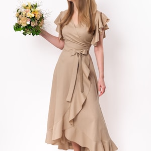 Linen Long Beige Sleeveless Wrap Dress,bridesmaid Dress,romantic Dress ...