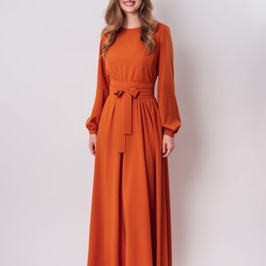 Rust Orange Long Slit Dress With Belt Bridesmaid Dress - Etsy