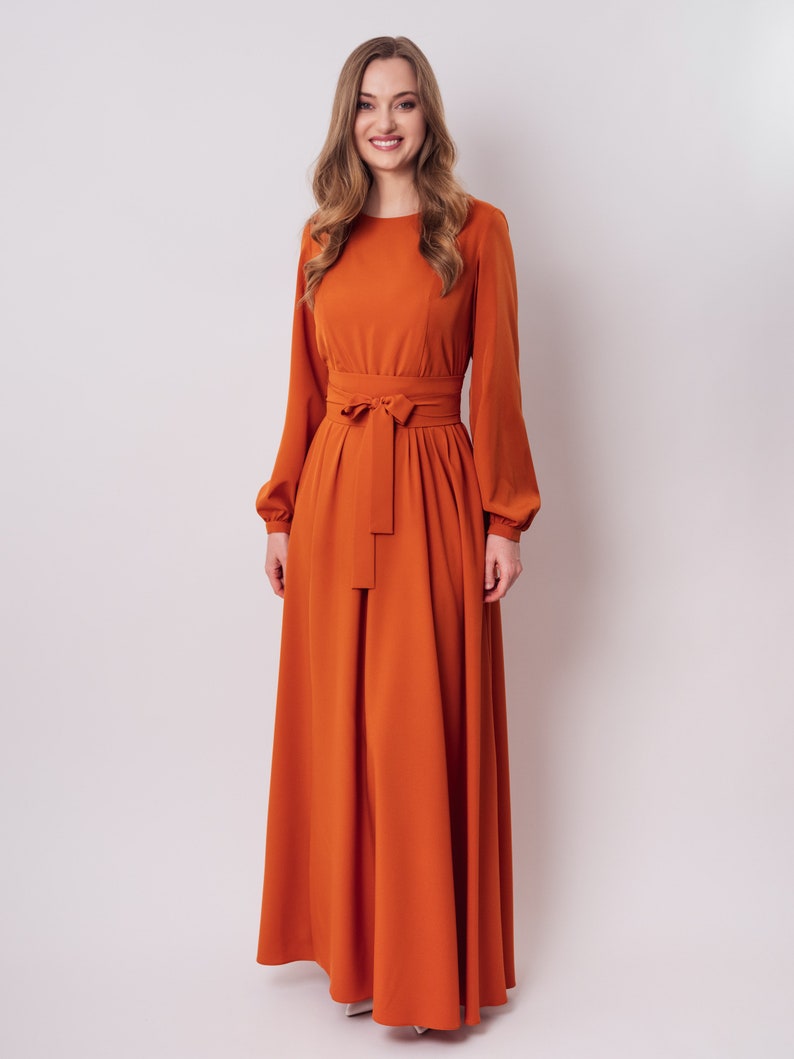 Rust Orange Long Slit Dress With Belt Bridesmaid Dress - Etsy