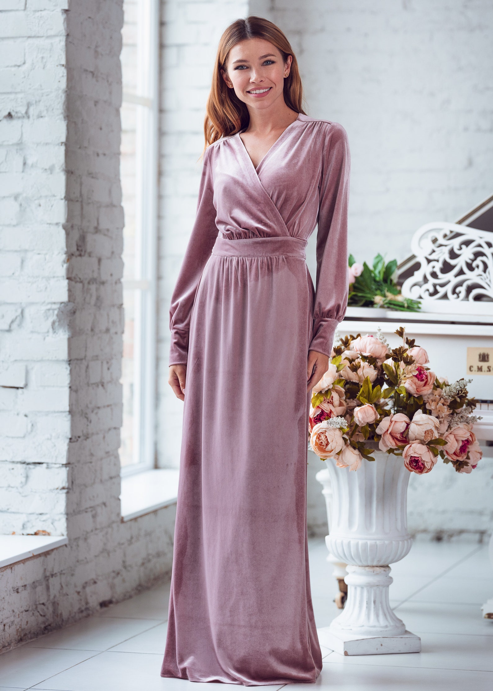 Mauve Velvet Long Wrap Dress Bridesmaid Velvet Dress Wedding - Etsy
